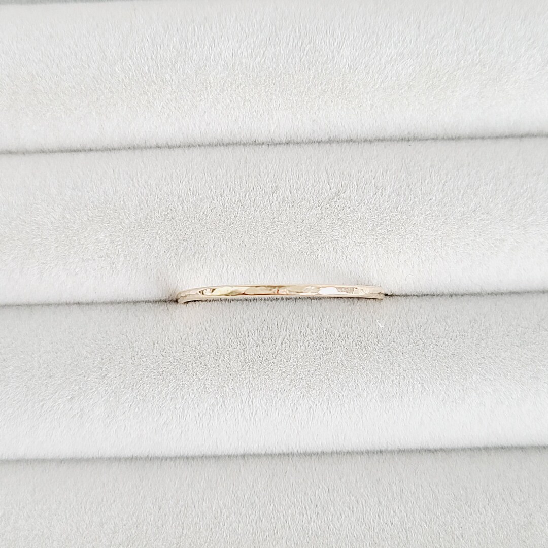 14k Solid Gold Hammered Stacking Ring - 1mm Yellow Gold Stackable Ring ...
