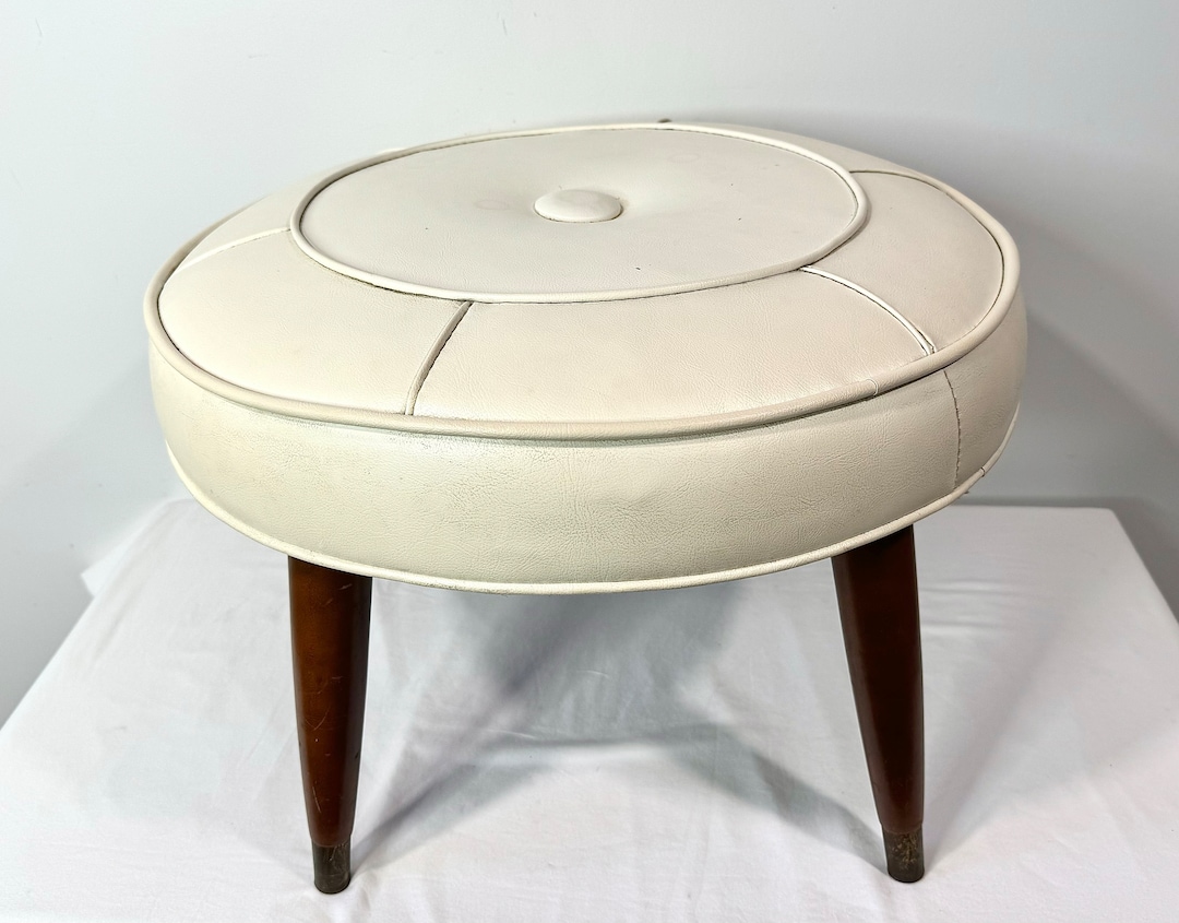 Vintage MCM Foot Stool Round off White Vinyl Wood Legs Round Hairpin ...