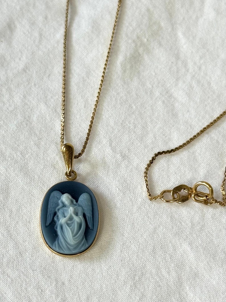 Italy 14k Yellow Gold, Blue Agate Angel Cameo Pendant W/ Necklace 18 - Etsy