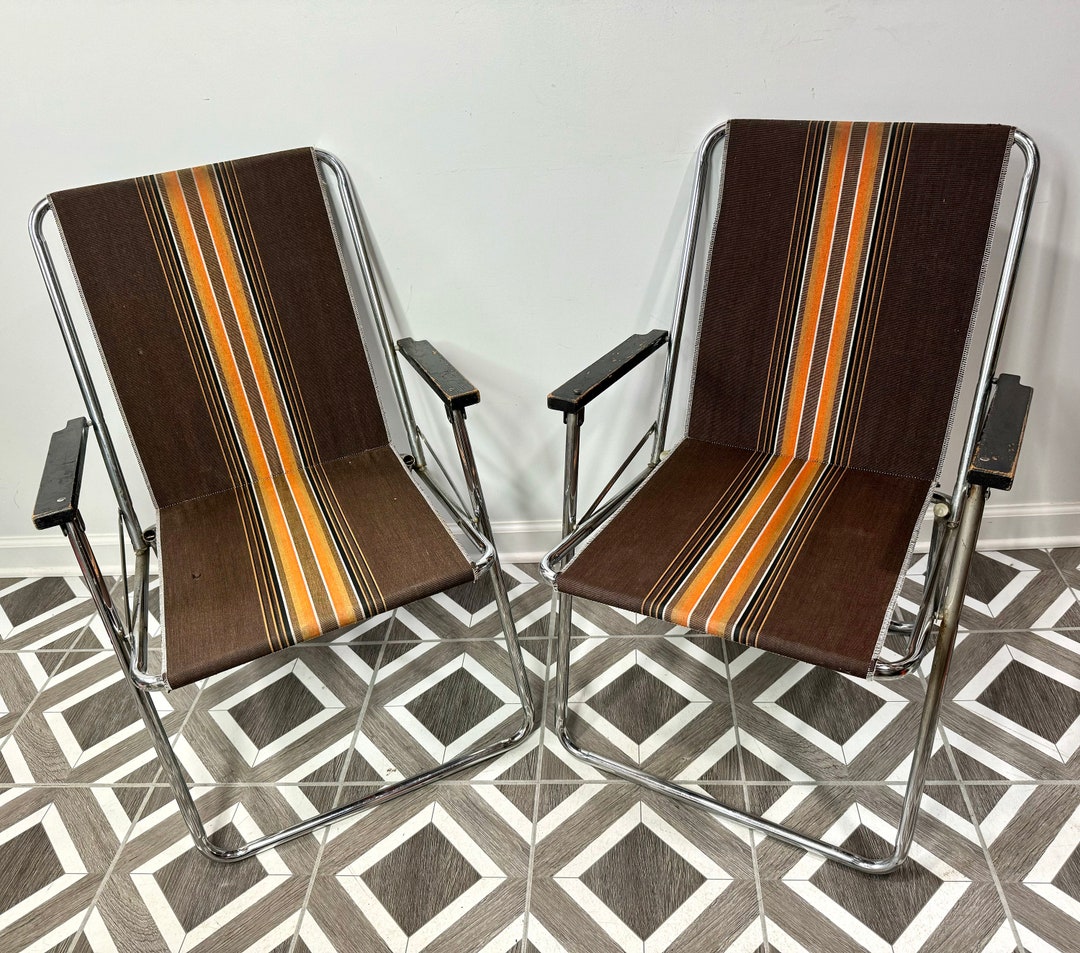 Set 2 Airstream Folding Chairs Camping Brown W/stripes Zipdee MCM Vintage Wood - Etsy