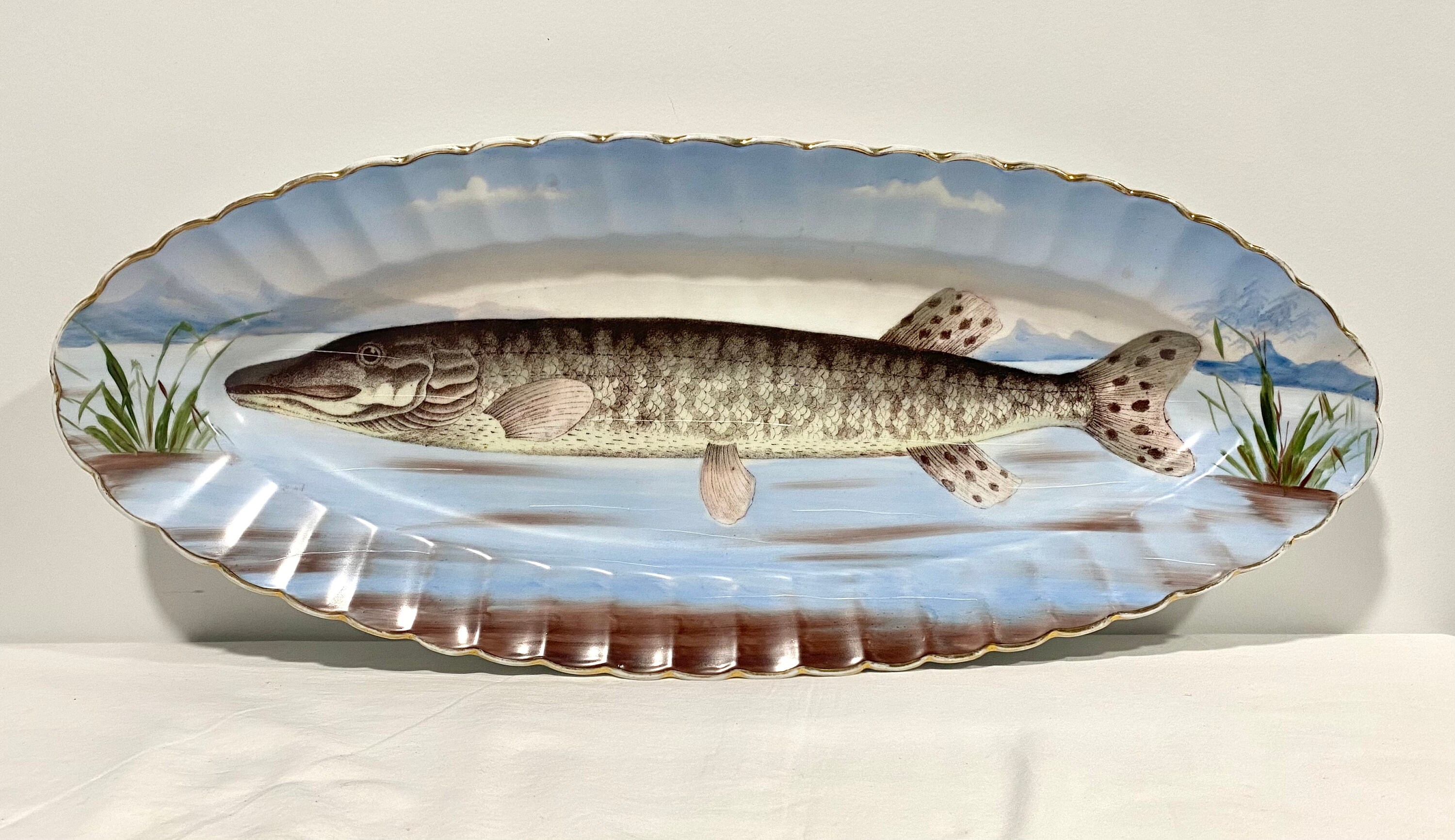 Victoria Carlsbad Austria Platter Plates Blue W/ Gold Edge Vintage Fish ...