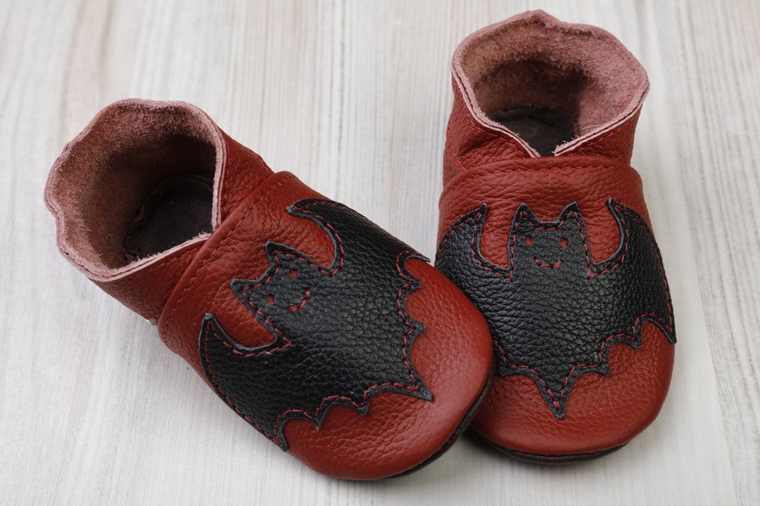 Red Leather Baby Shoes With Black Bat, Halloween Baby Shoes, Soft Sole ...