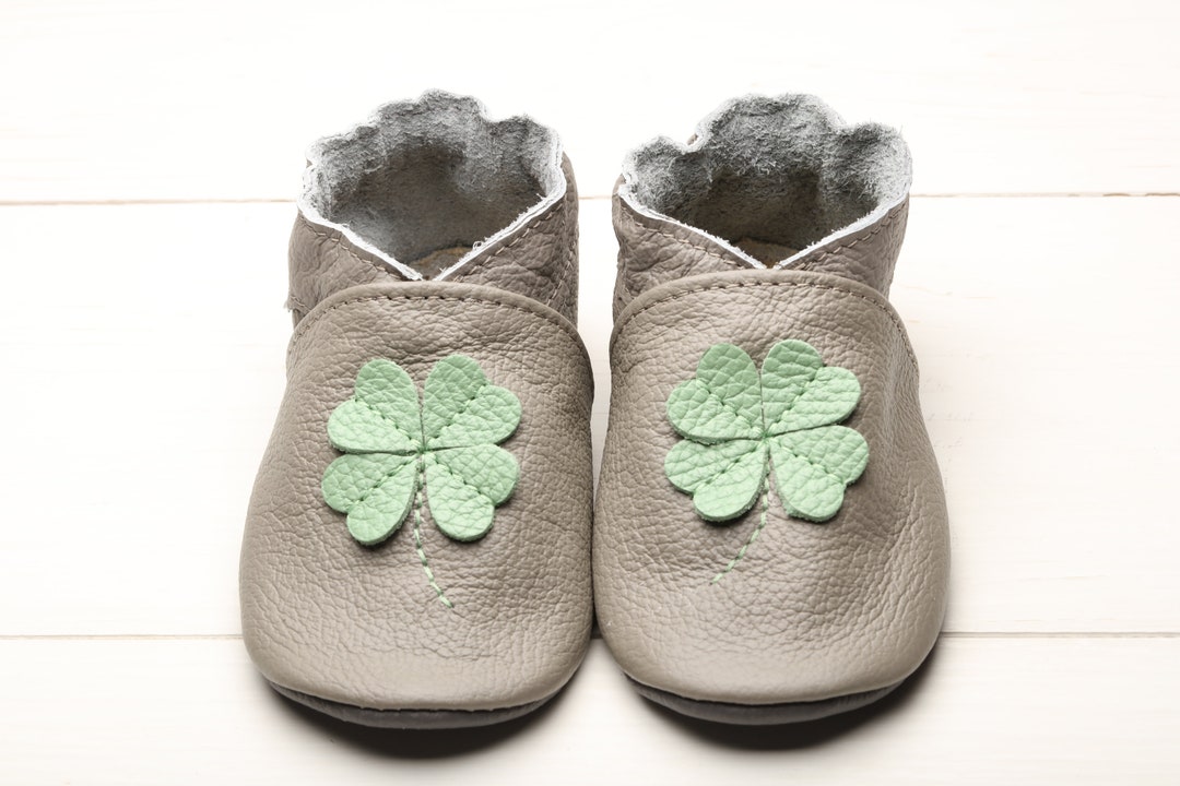 Shamrock Baby Shoes, Leather Toddler Moccasins, Grey Infant Shoes, Soft ...