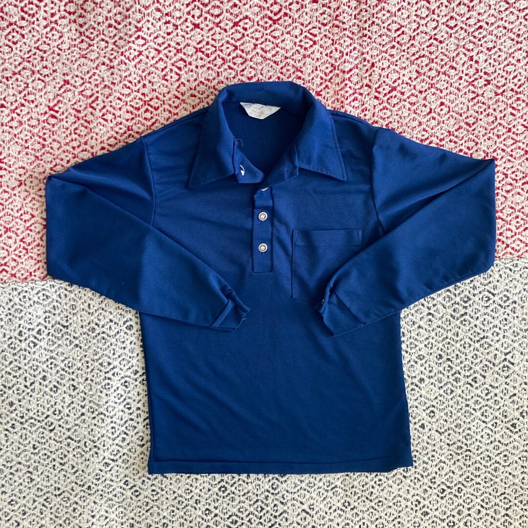 Vintage 70s Blue Polo Long Sleeve Mod Polyester XS Extra Small David ...