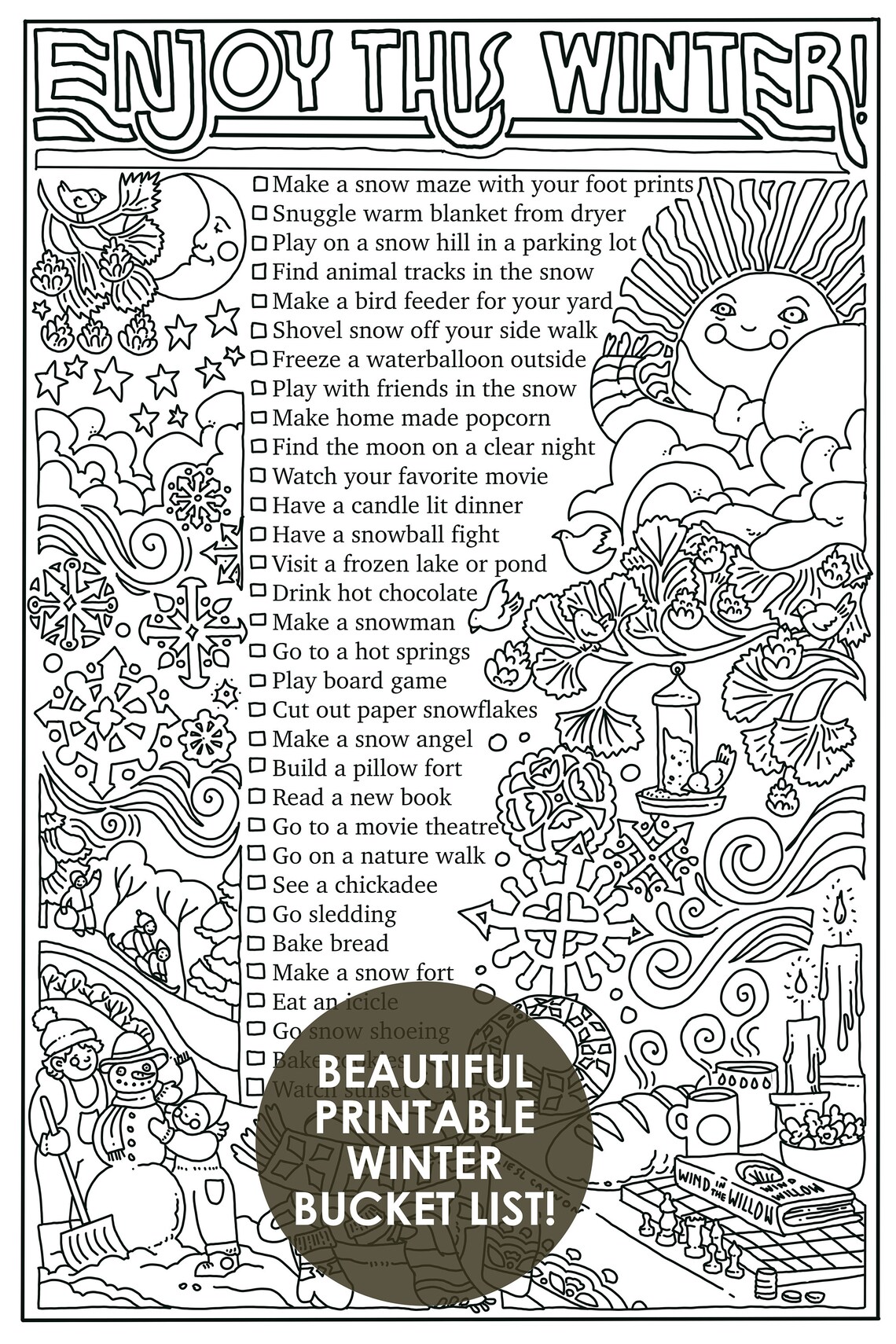 Winter Bucket List Coloring Page Giant Winter Coloring Page ...