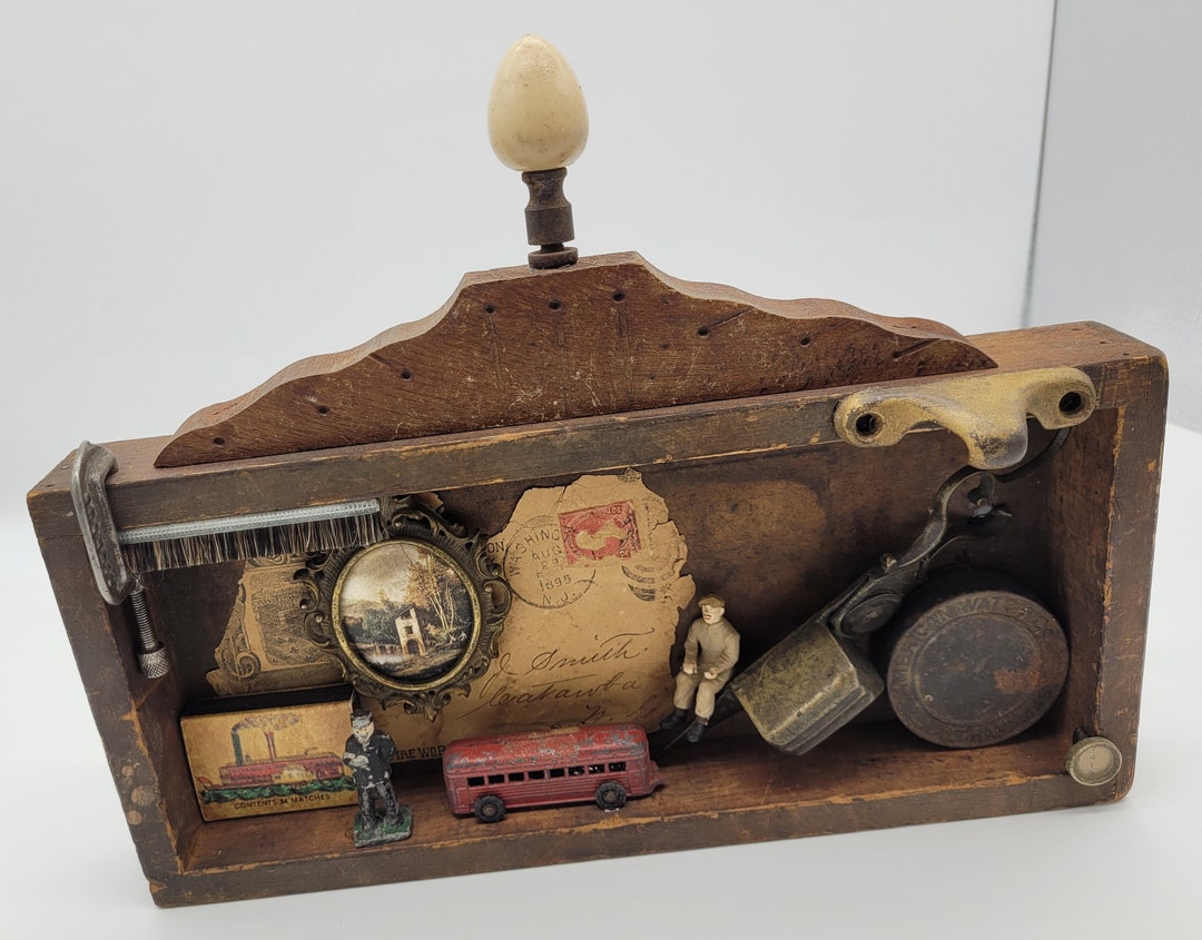 Assemblage Wooden Box With Antique Toys, 1895 Postcard, Antique Wick ...
