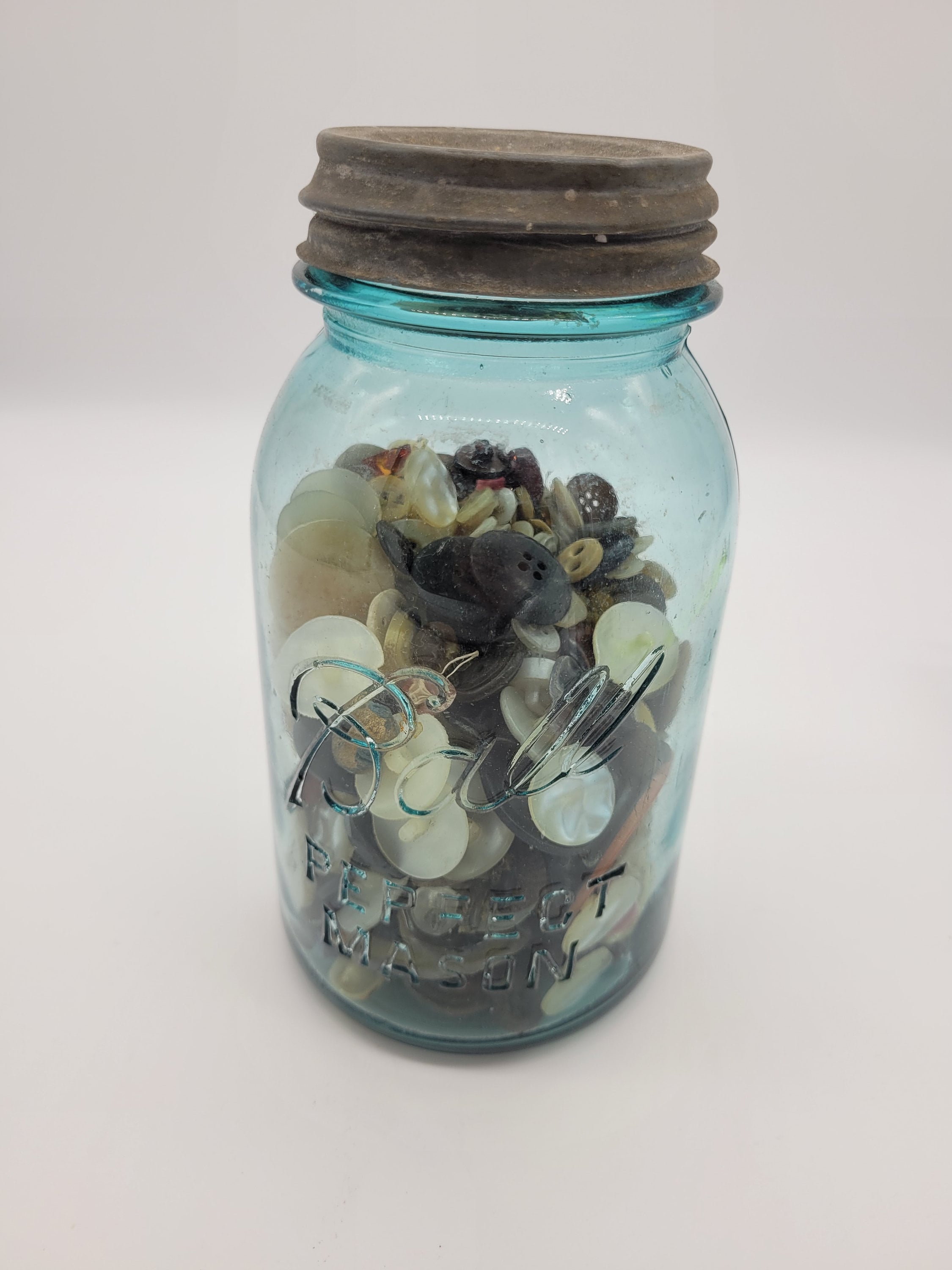 1923-1933 Antique BLUE Ball Canning Jar Full of Buttons, Locking or ...