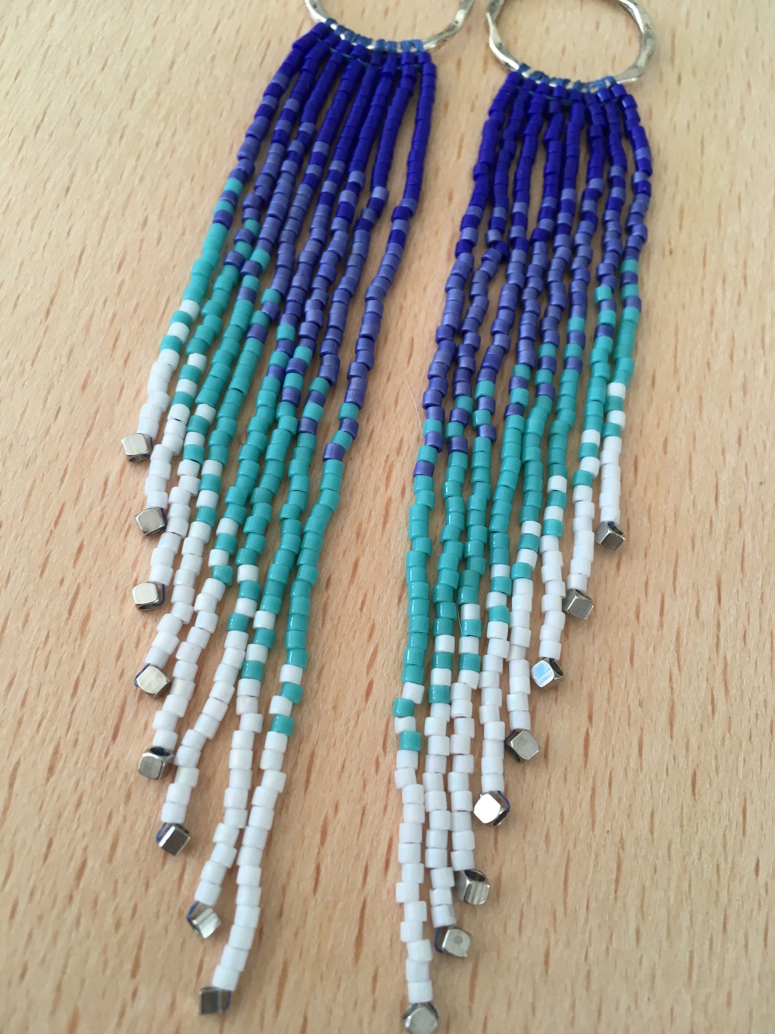 Blue Beaded Fringe Earrings // Long Dangle Earrings // Seed Bead ...