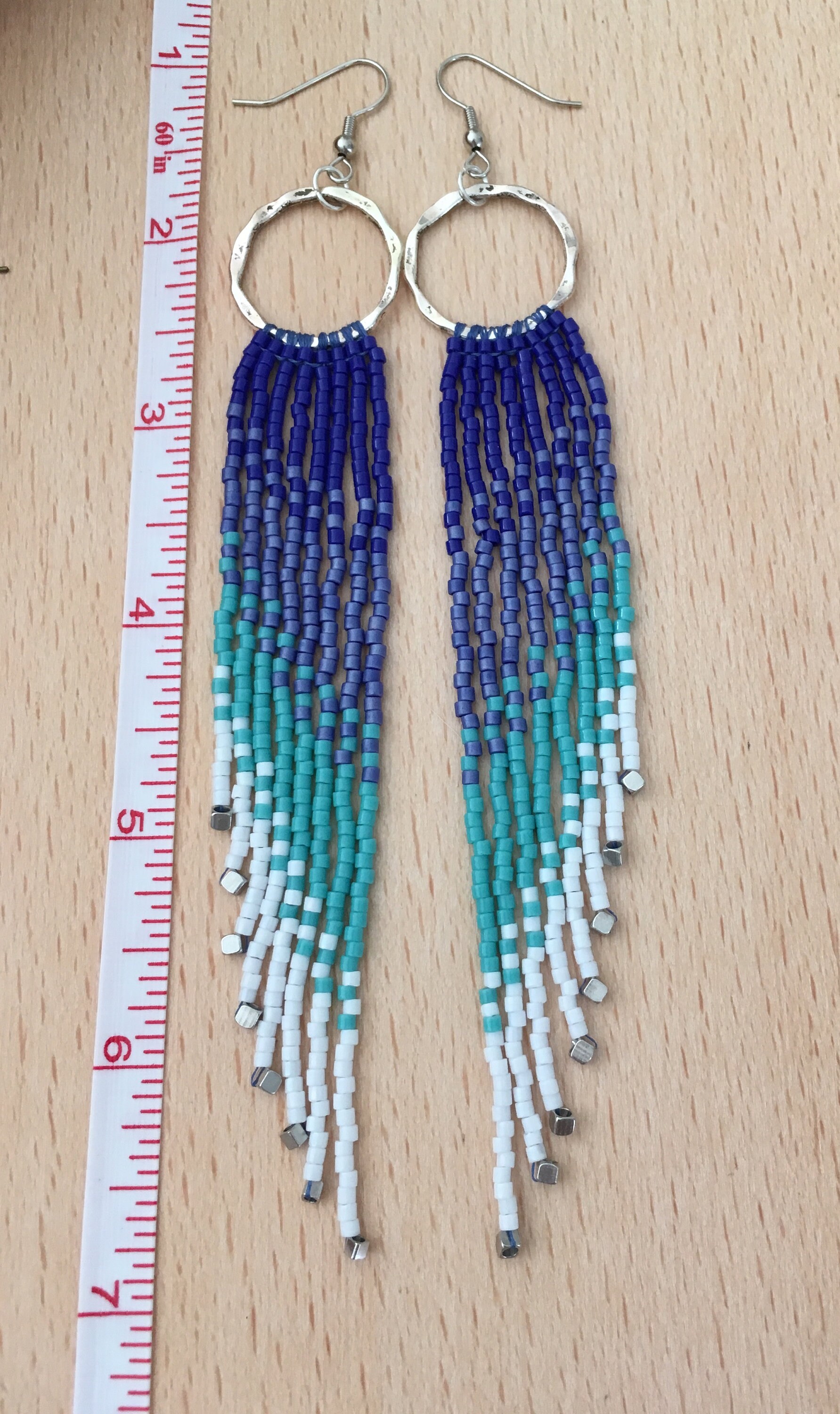 Blue Beaded Fringe Earrings // Long Dangle Earrings // Seed Bead ...