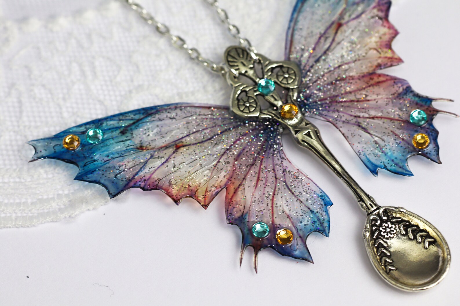 Fairy Wing Spoon Necklace - Cicada Butterfly Pendant - Blue Winged ...