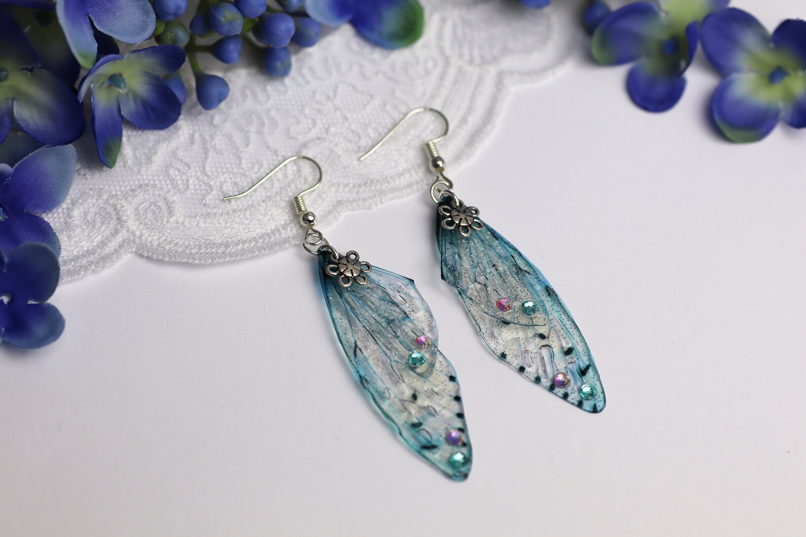 Fairy Wing Butterfly Cicada Insect Earrings - Icy Spring Blue ...