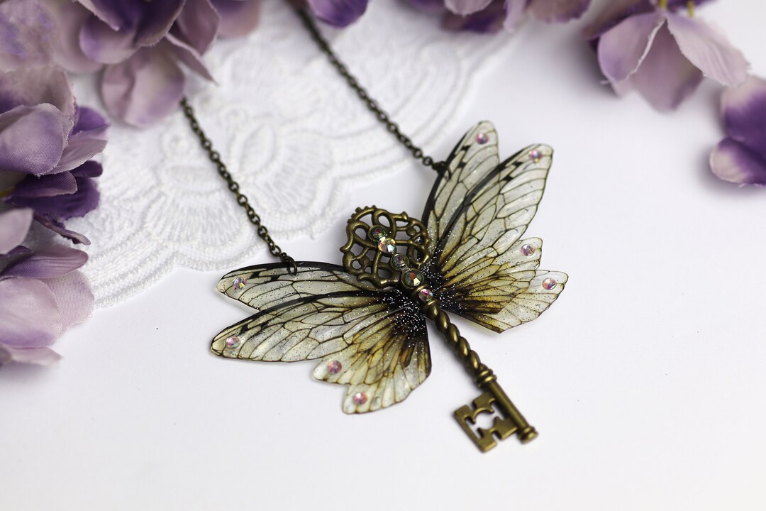 Fairy Wing Key Necklace - Cicada Butterfly Pendant - Natural Winged Key ...