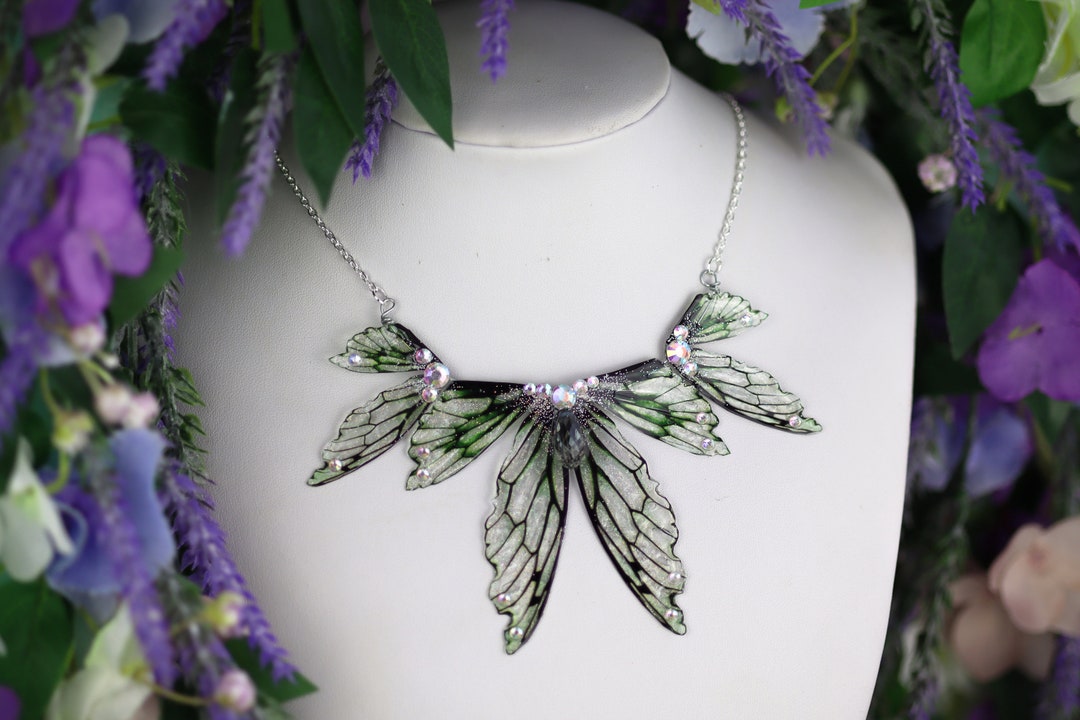 Fairy Wing Necklace - Cicada Butterfly Pendant - Green Tattered Collar ...