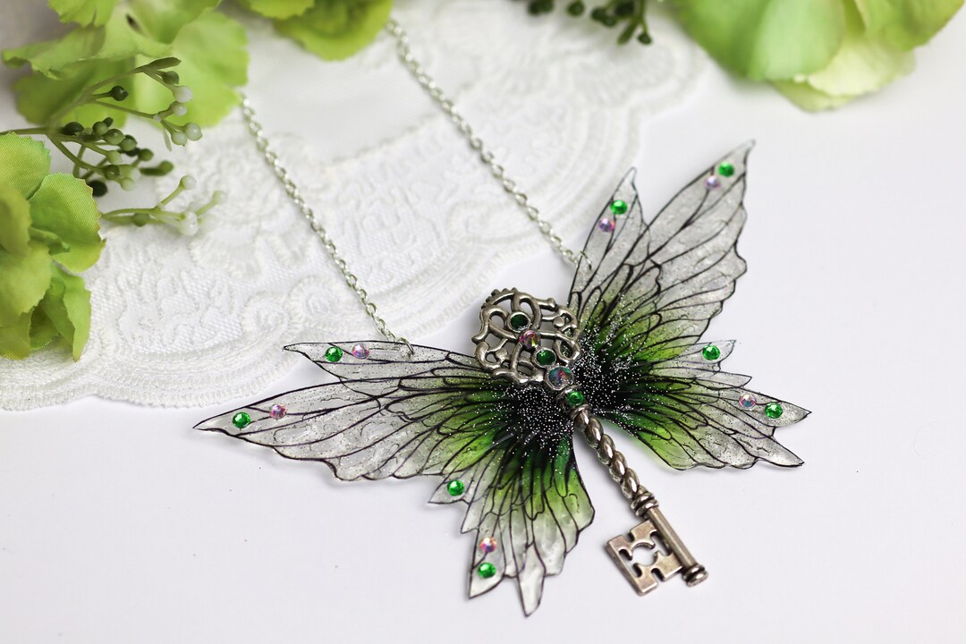 Fairy Wing Key Necklace - Cicada Butterfly Pendant - Green Winged Key ...