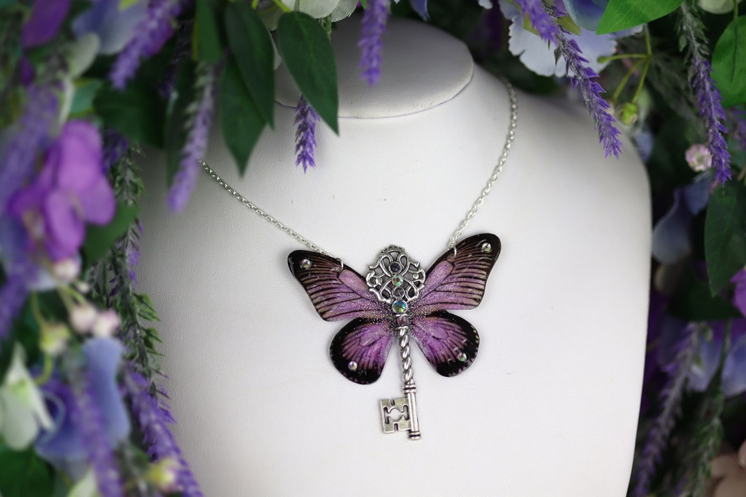 Fairy Wing Key Necklace - Monarch Butterfly Pendant - Pink Winged Key ...