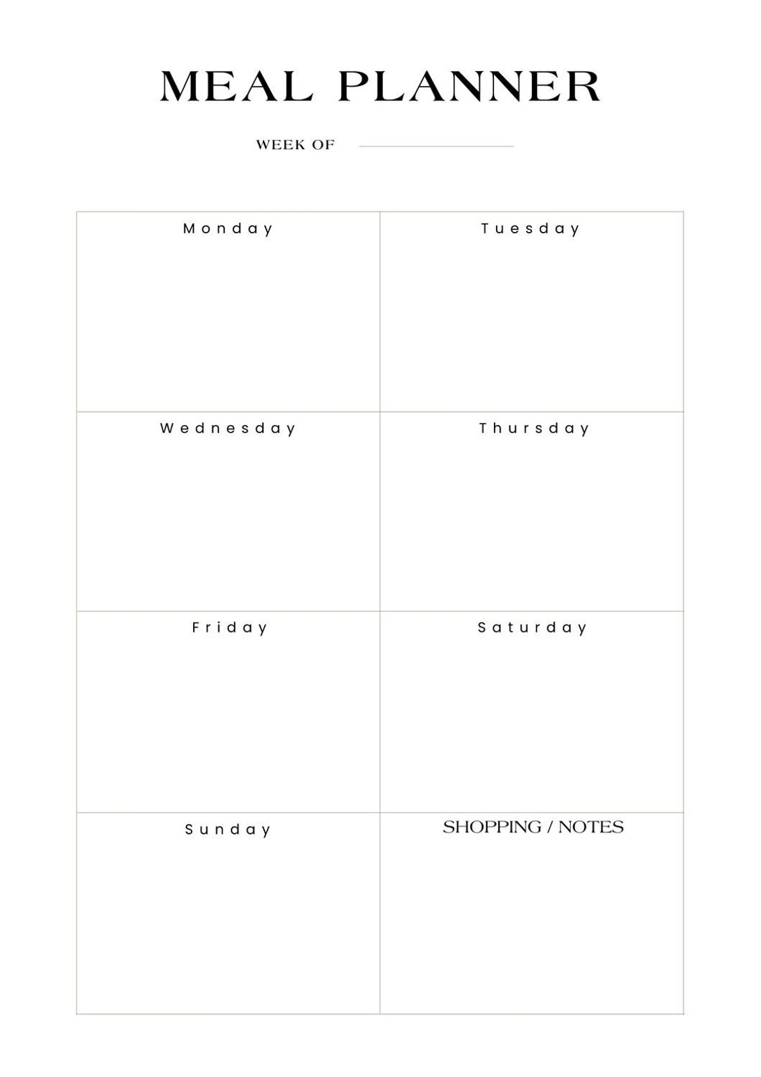 Simple Black and White Weekly Meal Planner Organiser Low Cost to Print ...