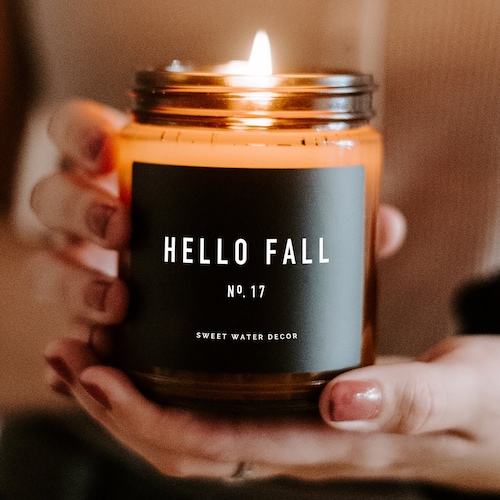 Hello Fall Soy Candle Amber Jar Scented Candles Fall - Etsy