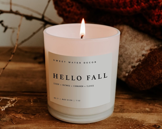 Hello Fall White Jar Candle Wood Lid Soy Candles Fall Scented Candle ...