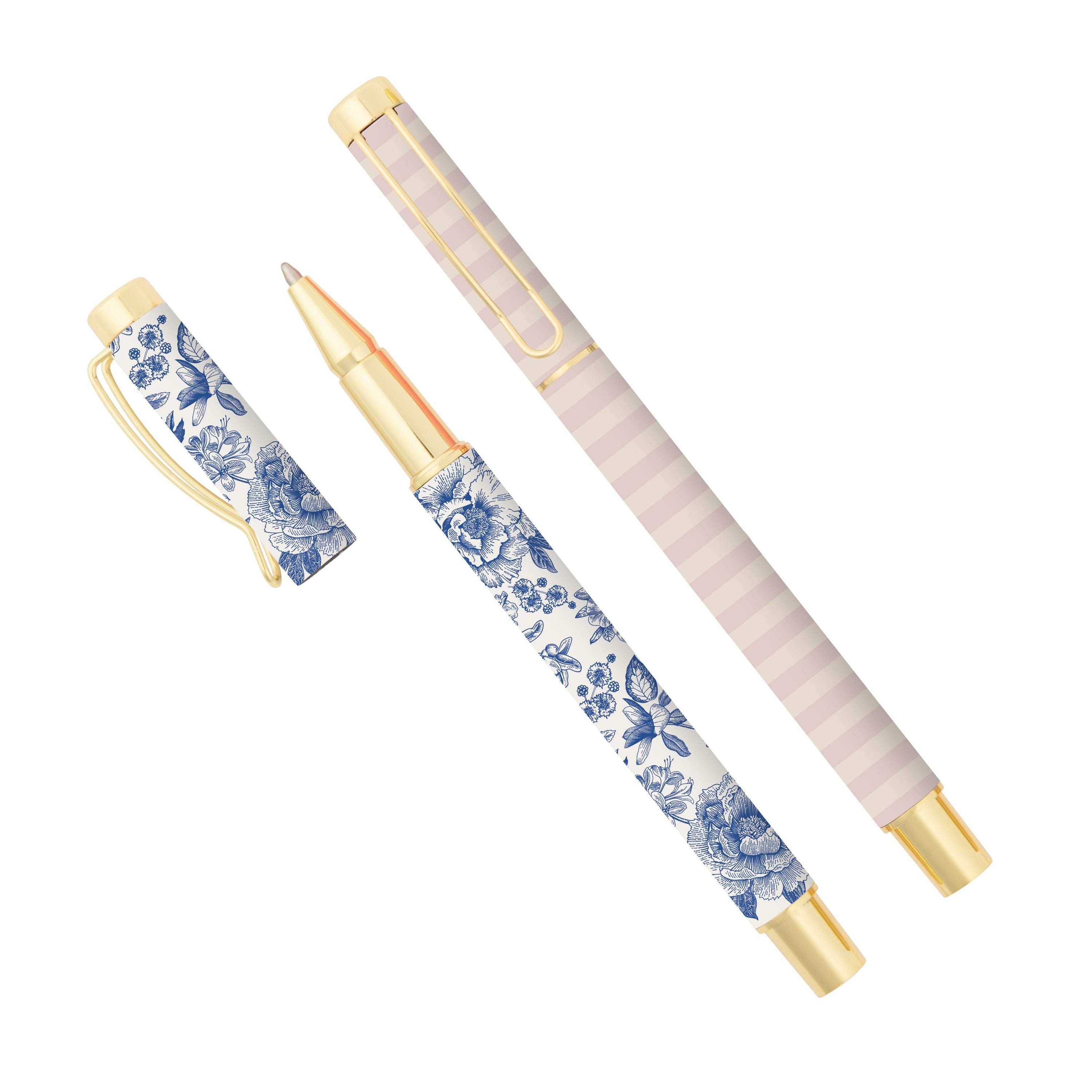 Blue Delft and Striped Pen Set: Gold Accents, Office Gift - Etsy