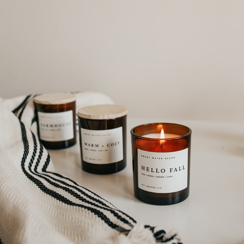 Hello Fall Soy Candle Amber Jar Scented Candles Fall - Etsy