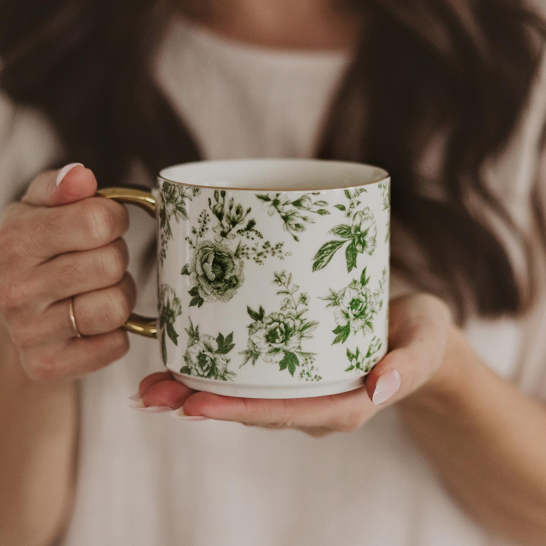 Green Delft Floral Mug With Gold Handle - Fine Bone China 14oz - Etsy