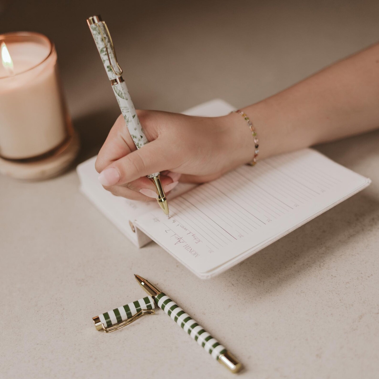 Green Floral Pen Set: Delft & Striped Pens With Gold Accents - Etsy