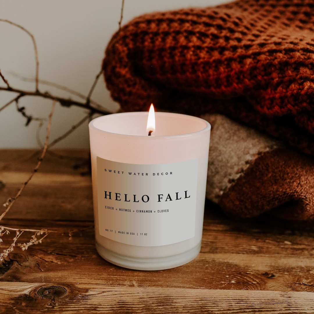 Hello Fall Candle - Autumn Candle Gift - Farmhouse Decor - Soy Wax Cider, Nutmeg, Cinnamon ...
