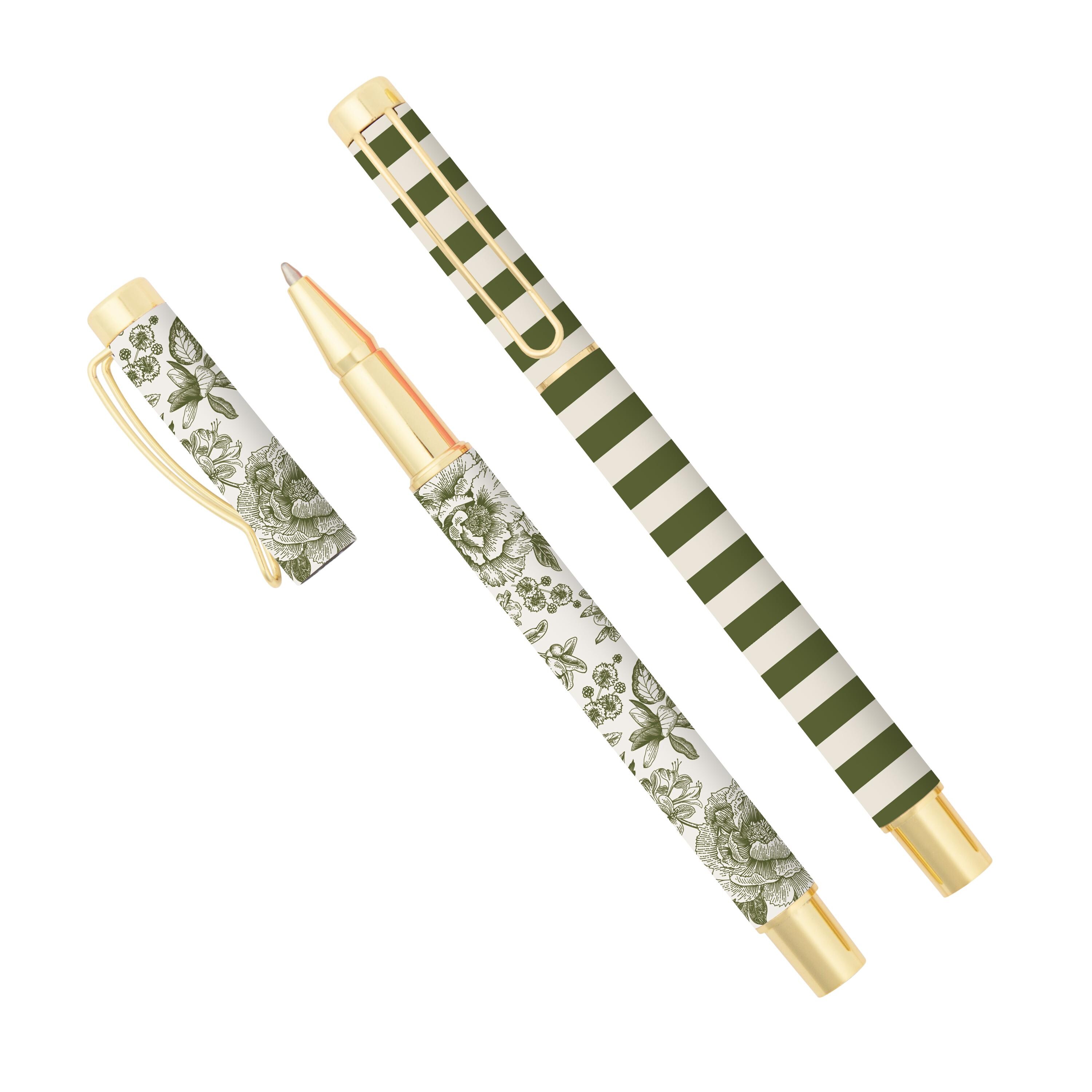 Green Floral Pen Set: Delft & Striped Pens With Gold Accents - Etsy