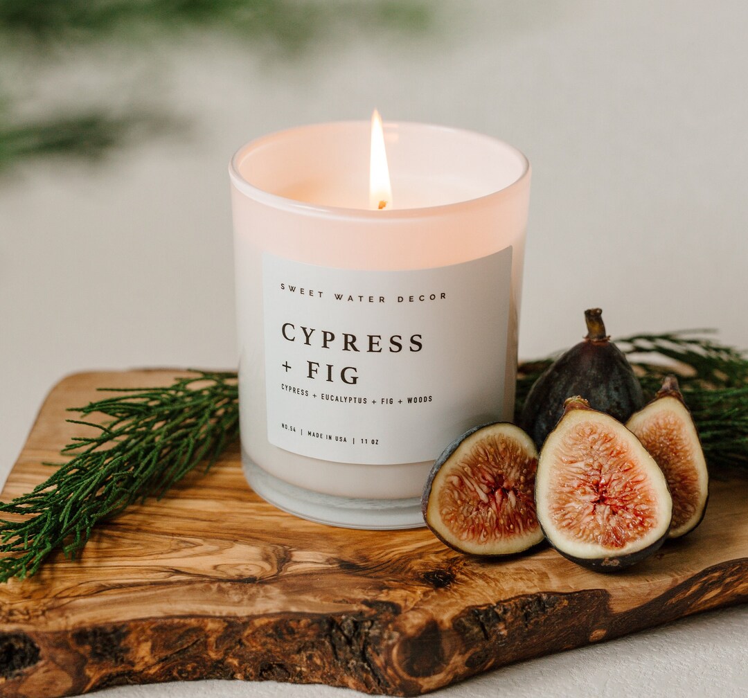 Cypress and Fig Candle White Glass Jar 11 Oz Cypress, Eucalyptus, Ripe ...
