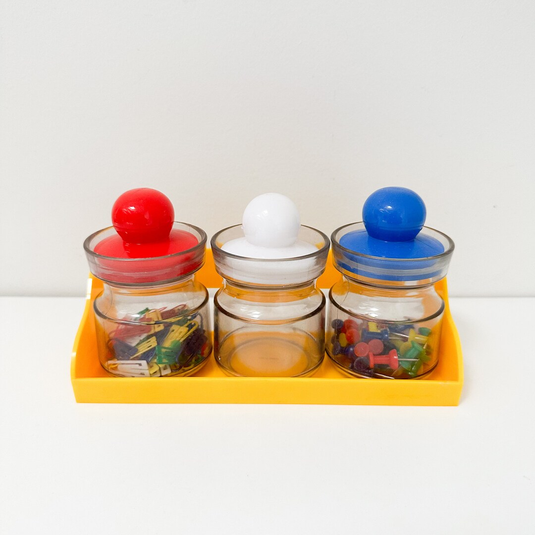 1980s Plastic Storage Jars With Colorful Lids and a Storage Shelf ...