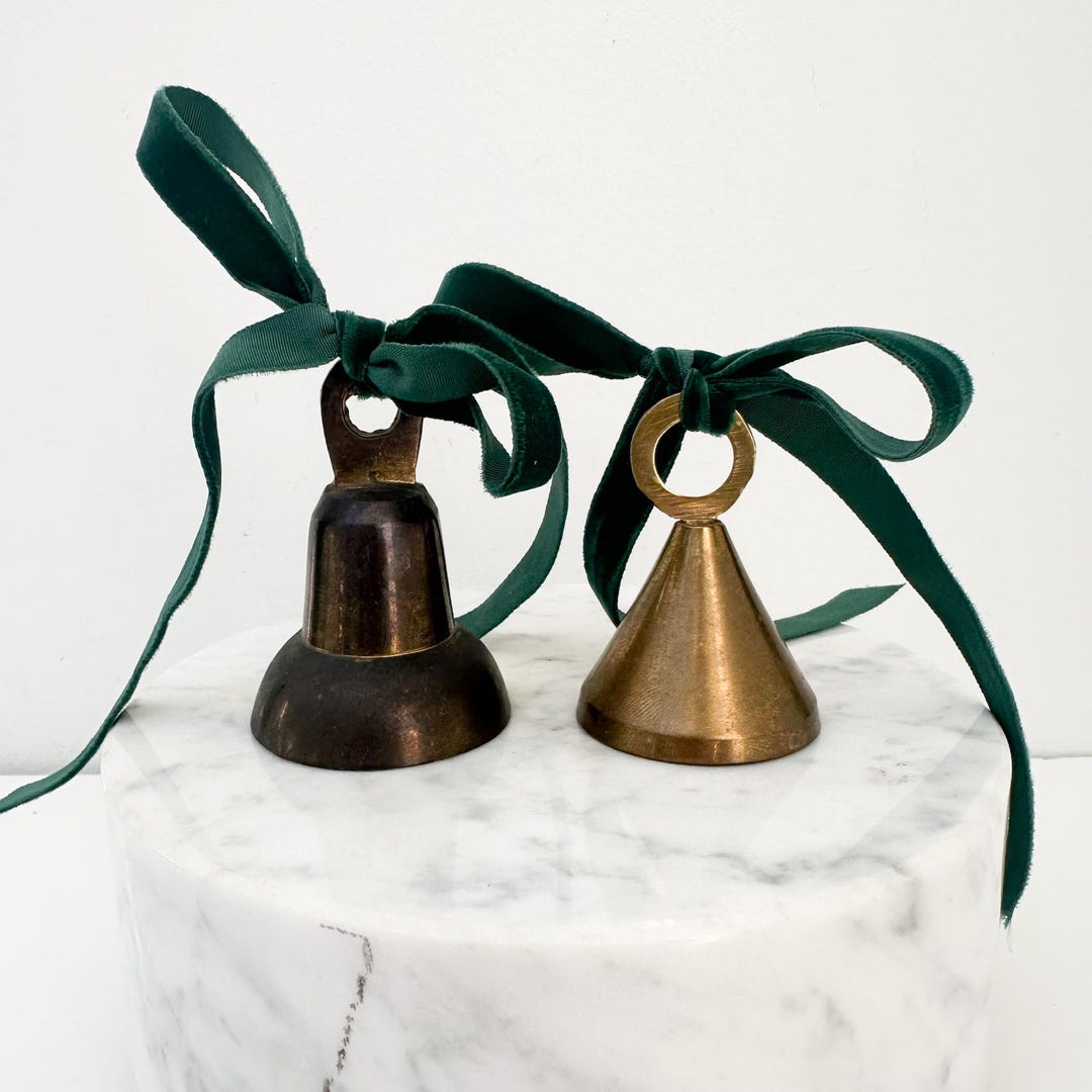 Pair of Vintage Brass Bells With Green Ribbons, Vintage Brass Christmas ...