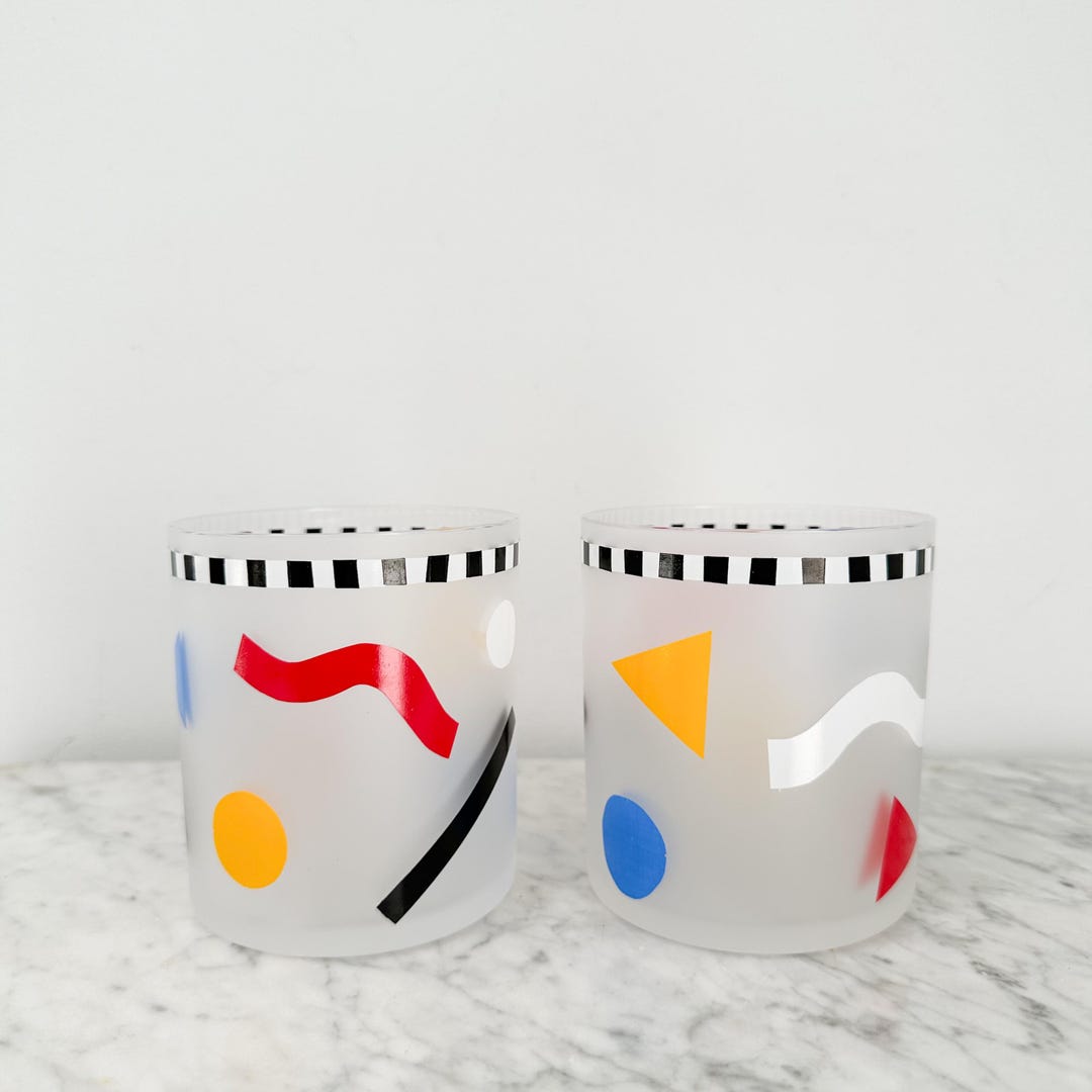 1980s Memphis Style Rocks Glasses Set of 2, Vintage Geometric Primary ...