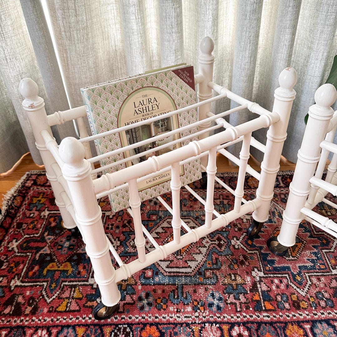 Vintage Faux Bamboo Magazine Holder on Wheels, White Bamboo Rolling ...