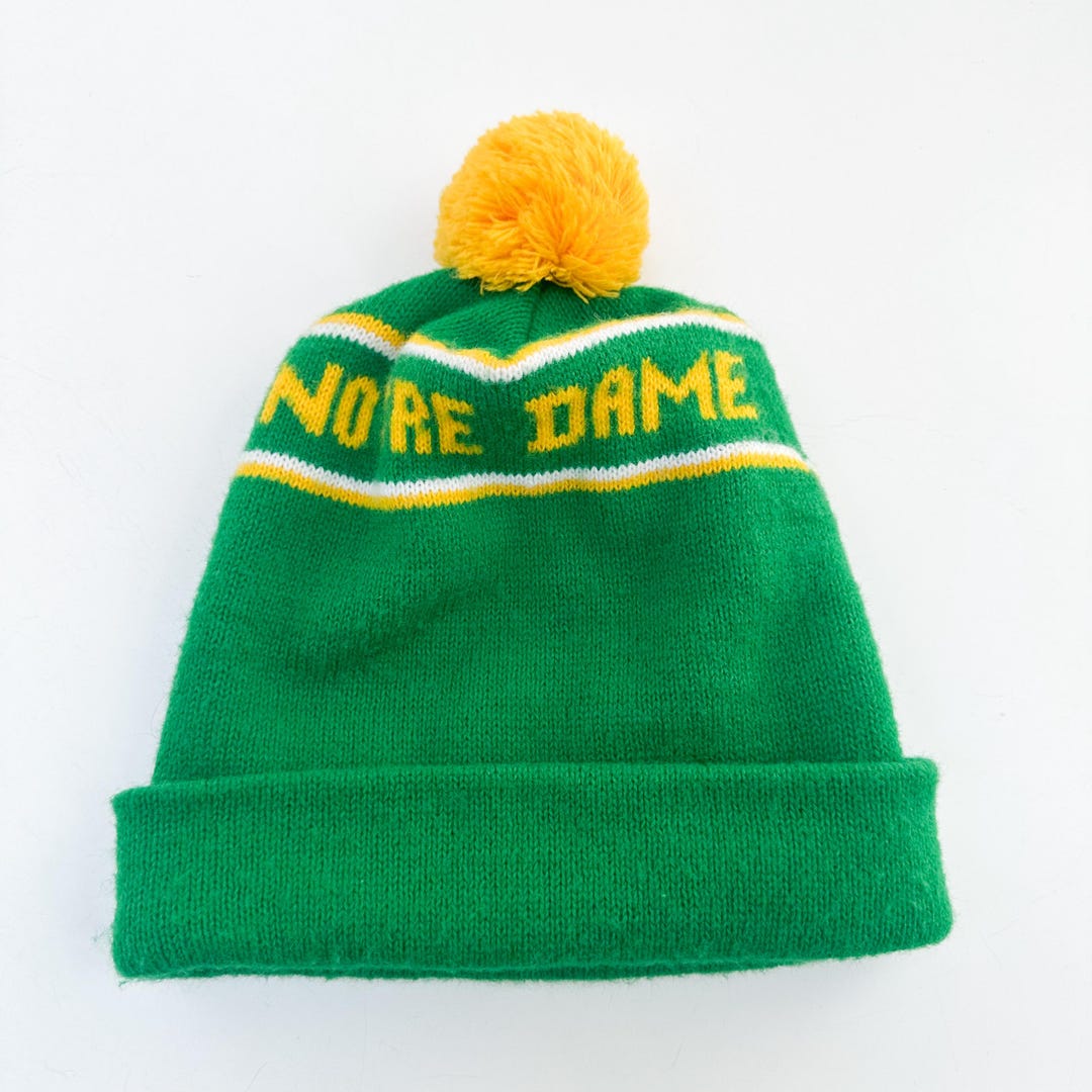 Vintage 1980s Notre Dame Knit Hat, Green and Yellow Winter Hat With Pom ...