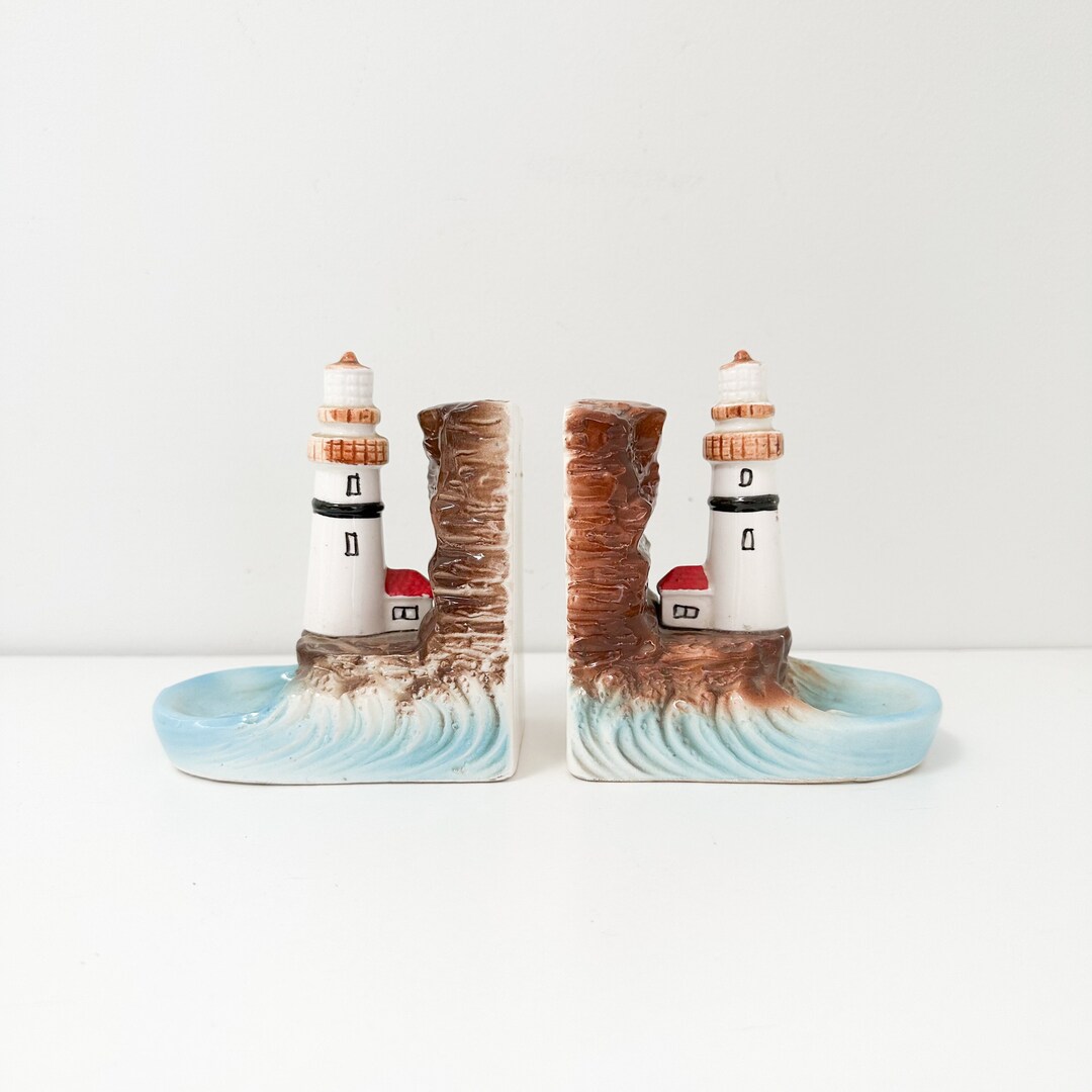 Vintage Ceramic Lighthouse Bookends With Built in Trinket Dishes, Pair ...