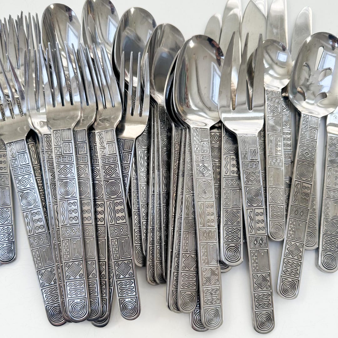 Vintage Cambridge Aztec Flatware Set, Stainless Steel Silverware With ...