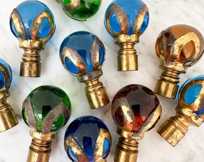 Vintage Paul Chilo Marble Glass and Brass Lamp Finials in Blue, Green ...