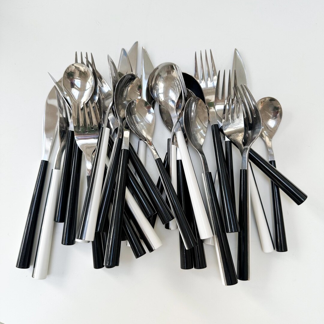 Vintage Crown Corning Black and White Cutlery Setting for 6, Stainless ...