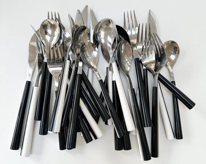 Vintage Crown Corning Black and White Cutlery Setting for 6, Stainless ...