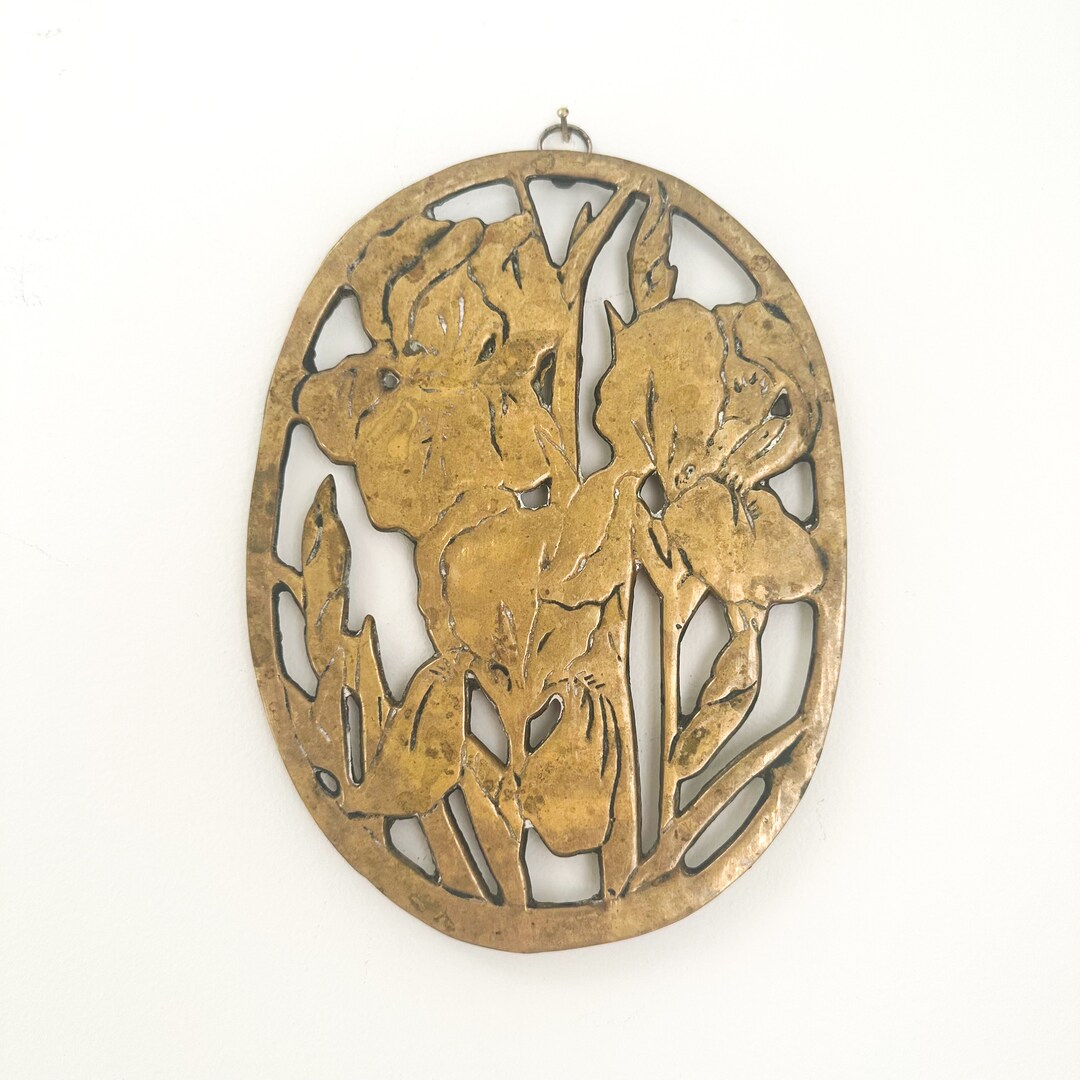 Vintage Brass Trivet With Iris Flowers Design by Lillian Vernon ...