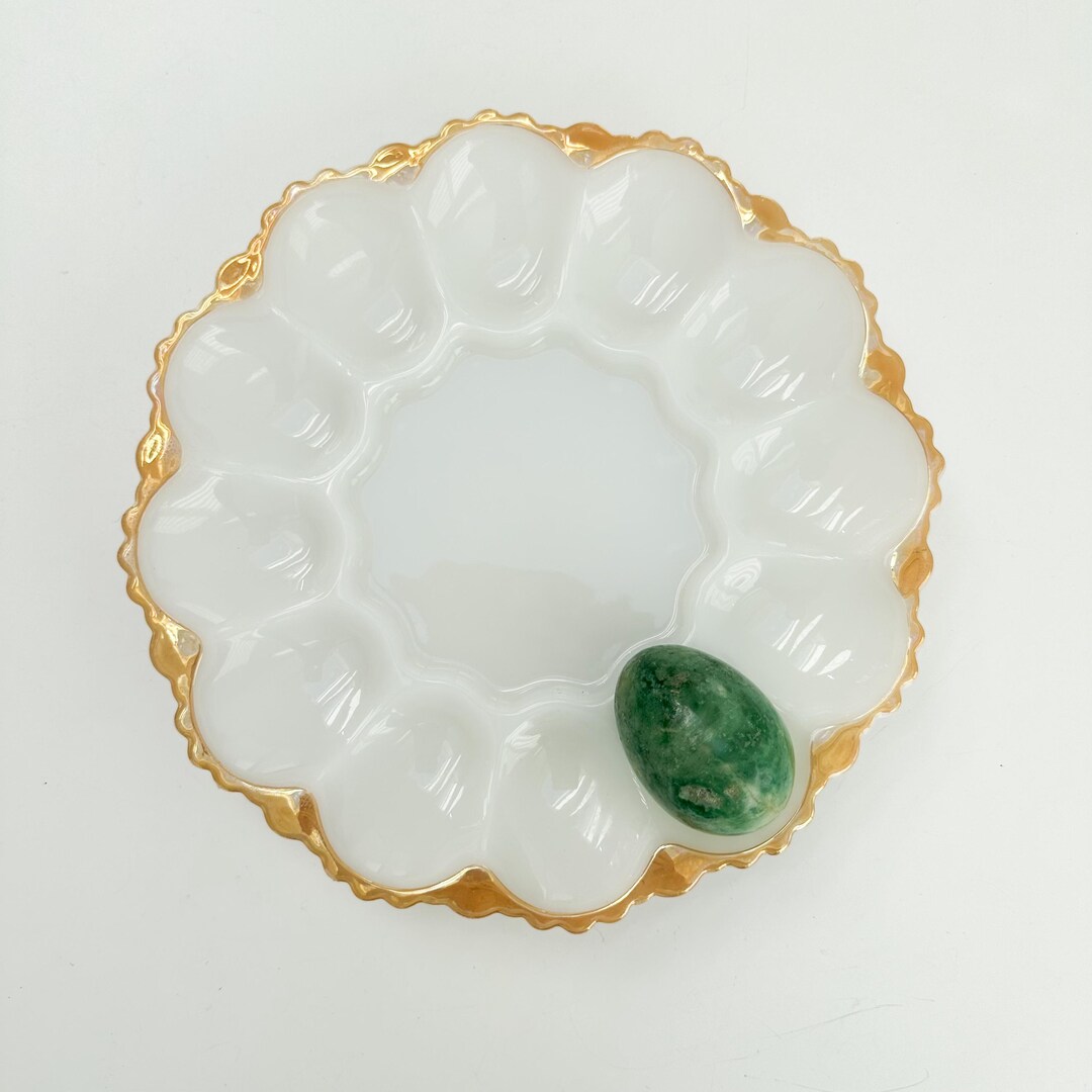 Vintage Milk Glass Egg Plate, White Milk Glass Dish With Gold Trim. Mid ...