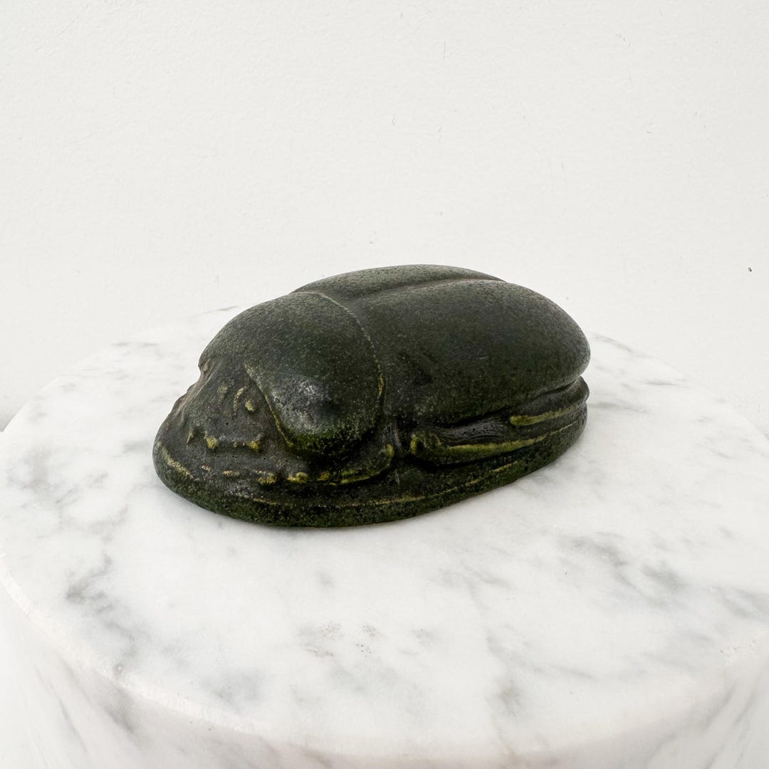 Walrath Pottery Scarab, Dark Matte Green Ceramic Scarab Paperweight ...