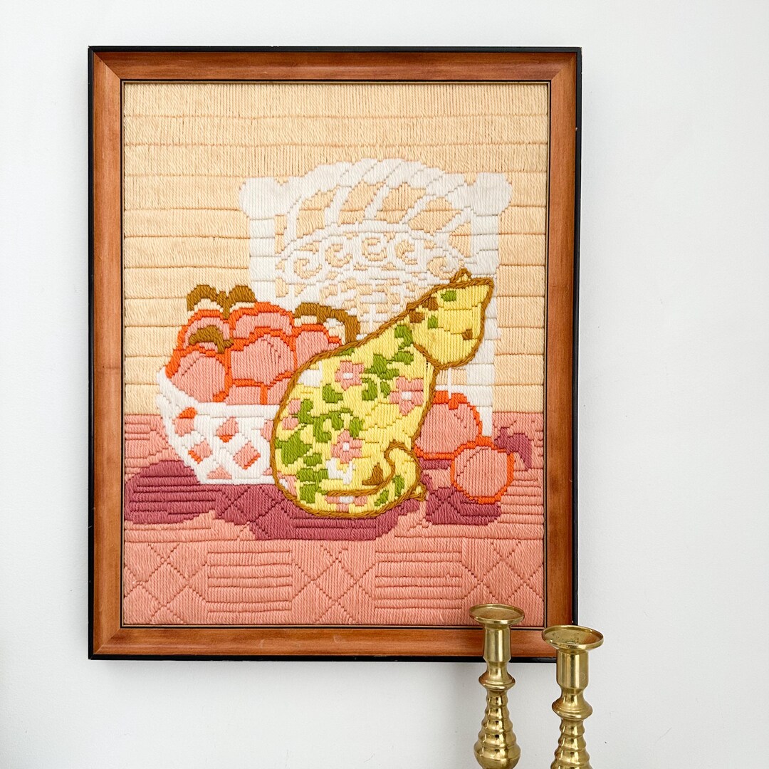 Vintage Framed Crewel Cat Embroidery 16 X 20, Large Vintage Pastel ...