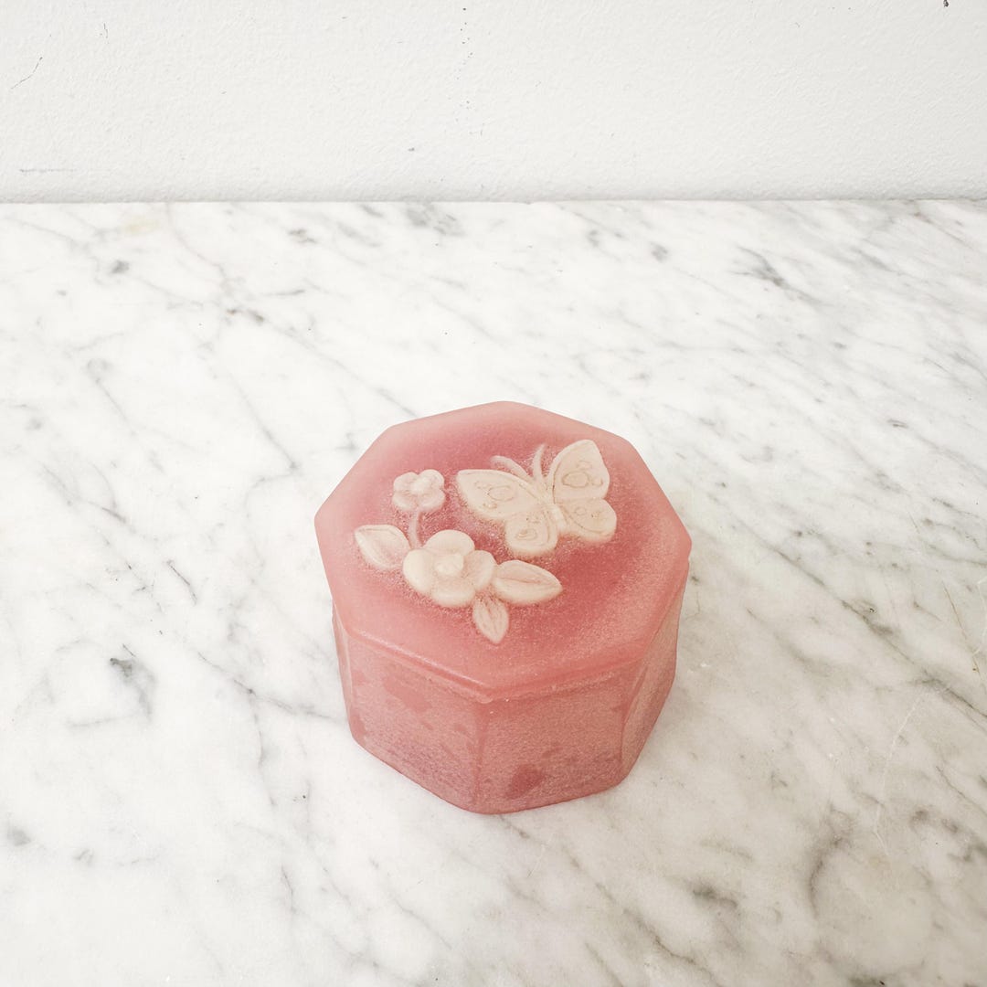 Vintage Pink Incolay Stone Box With White Butterfly and Flower, Small ...