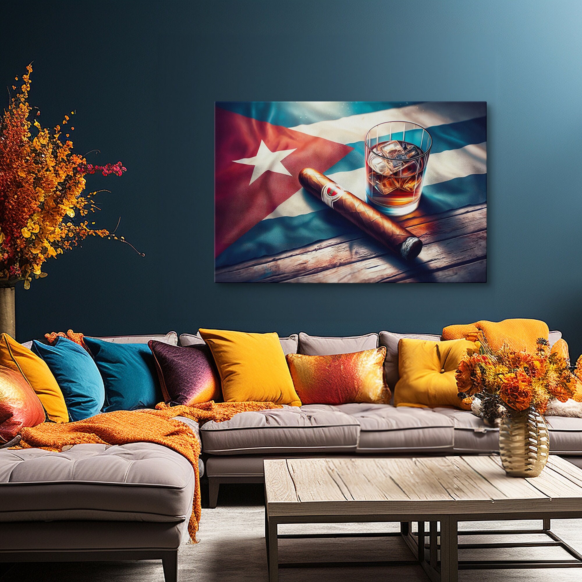 Cuban Nostalgia, the Cuba Flag, Rum, and Cigars Canvas Art, Rolled ...