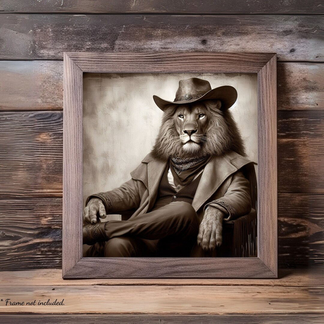 Western Lion Cowboy Portrait Animal Kingdom Ruler Canvas Wild Frontier ...
