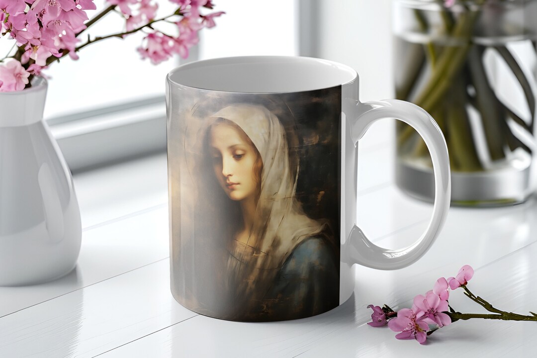 Virgin Mary Art Mug: Customizable Christian Icon Drinkware - Etsy