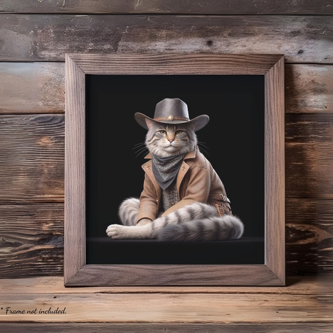 Whiskered Wild West Cat Sheriff Art Cowboy Hat Feline Poster Animal ...