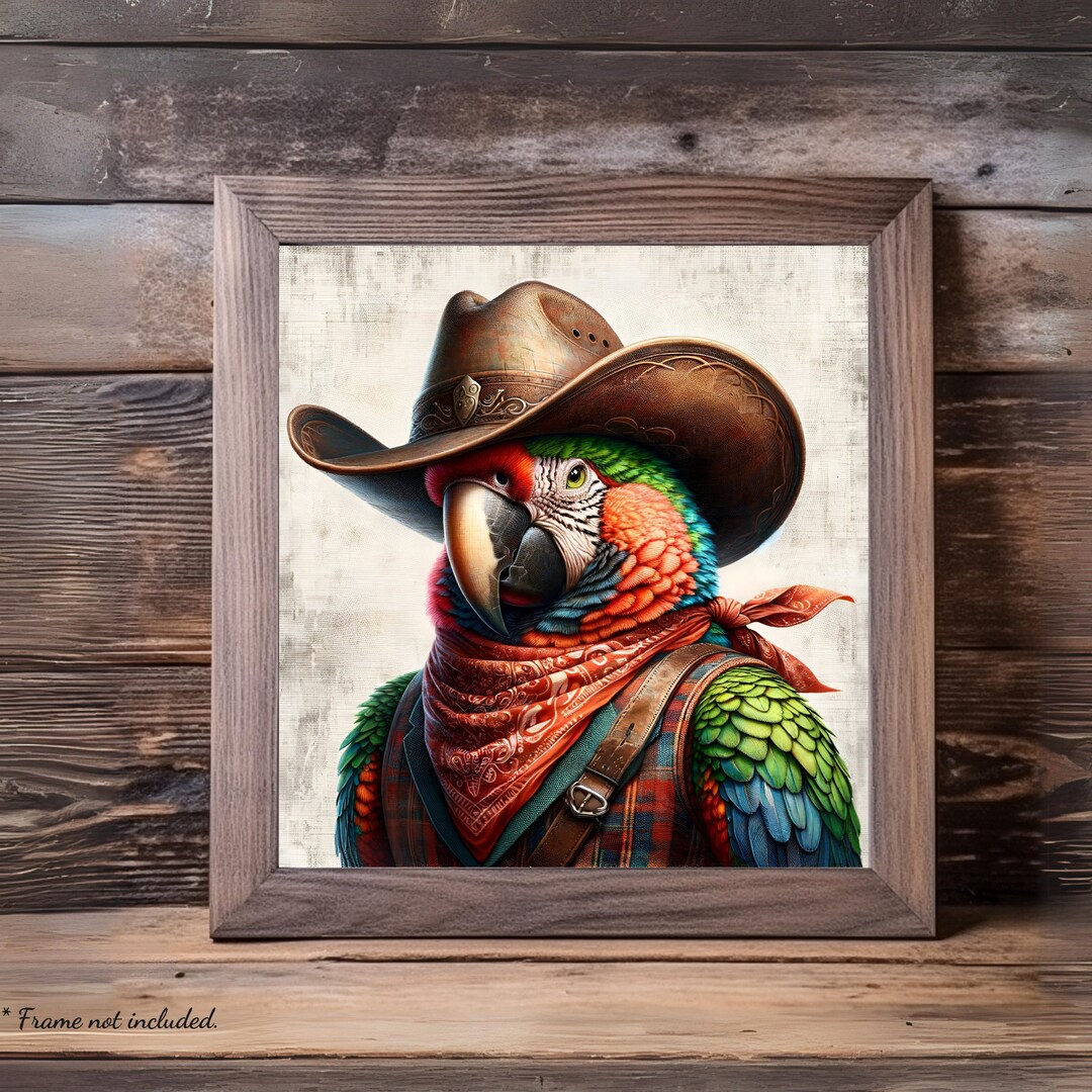 Colorful Macaw Cowboy Art Parrot Western Portrait Bold Bird Canvas ...
