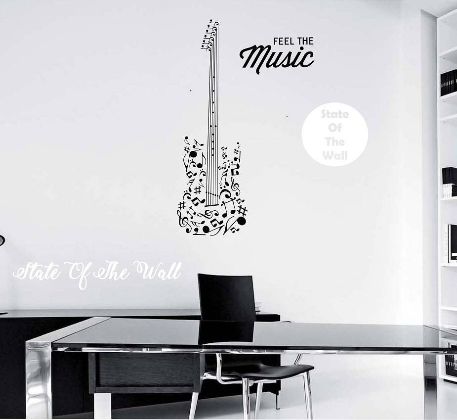 Guitar Wall Decal FEEL the MUSIC Quote Vinyl Sticker Art Decor Bedroom ...